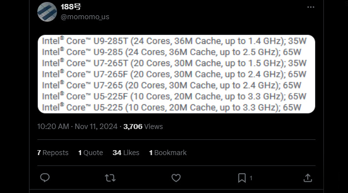 Intel's 65W And 35W Arrow Lake CPU Specs Leak For Lower Power Builds | HotHardware