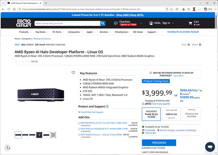 AMD Ryzen AI Halo Dev Kits Hit Retail With 128GB RAM And $3,999 Price ...